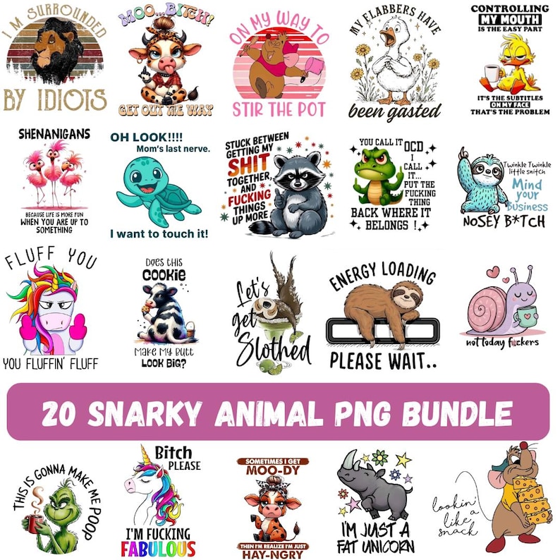 Snarky Animal Png Bundle, Sarcastic Clipart Designs (digital Download ...