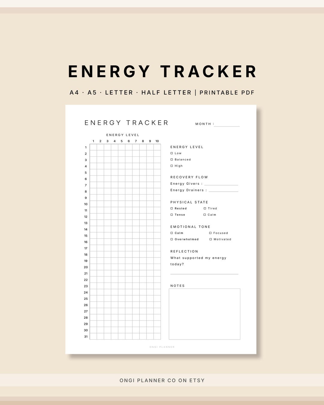 Daily Energy Awareness Printable | Minimal Monthly Energy Log | Self ...