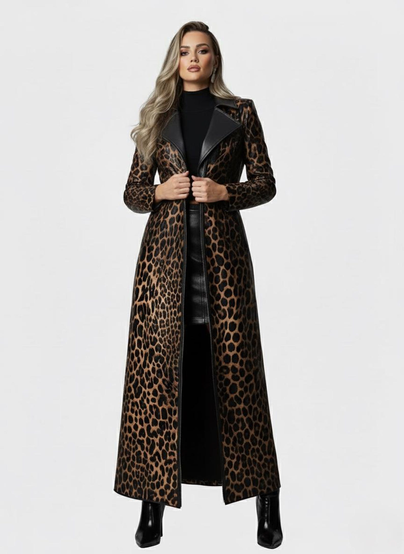 Women Leopard Print Long Coat, Zip Front Statement Jacket, Stylish ...