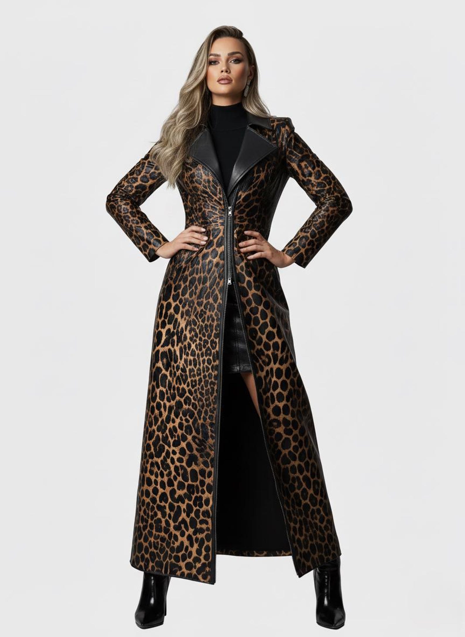 Women Leopard Print Long Coat, Zip Front Statement Jacket, Stylish ...