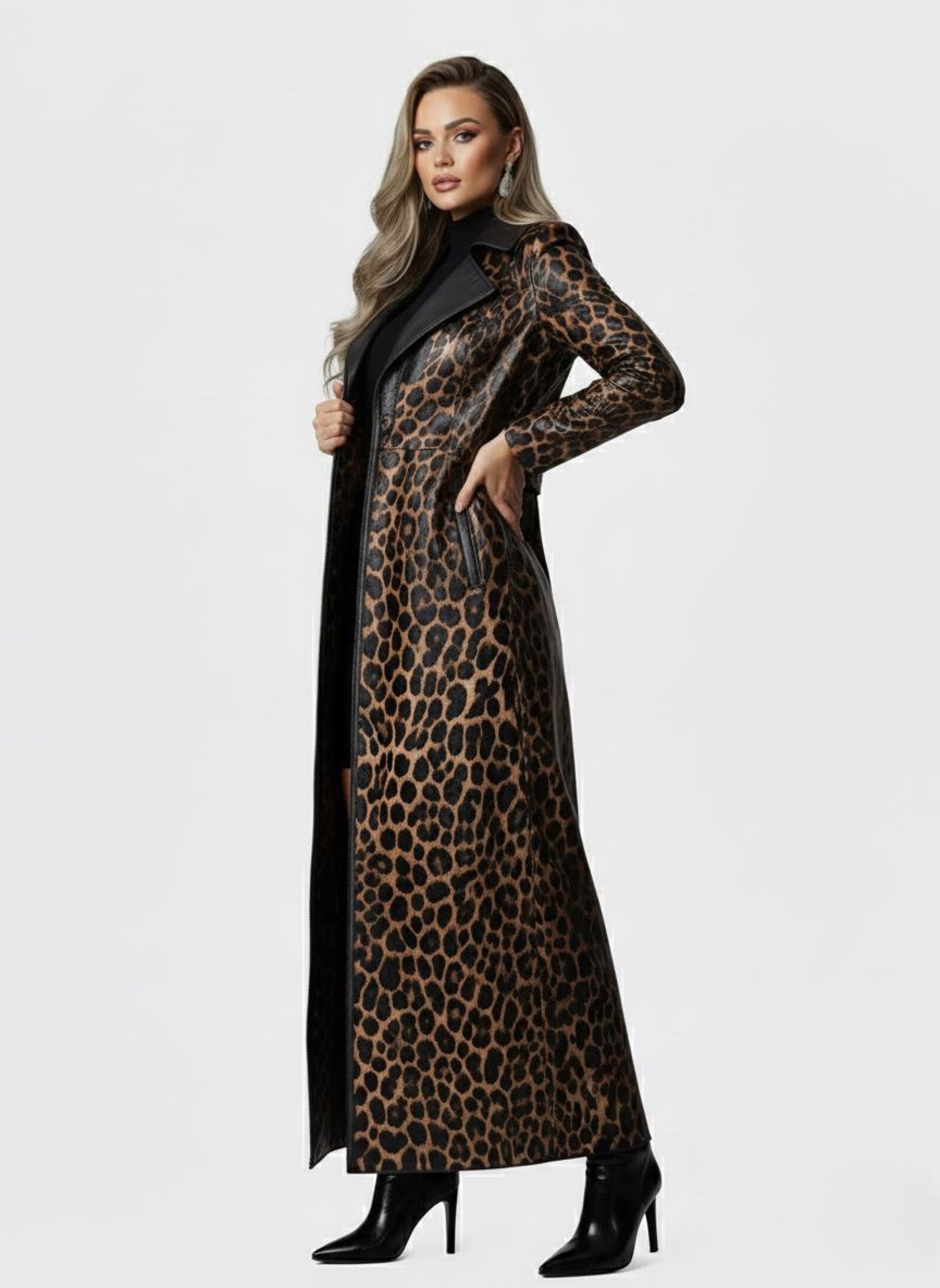 Women Leopard Print Long Coat, Zip Front Statement Jacket, Stylish ...