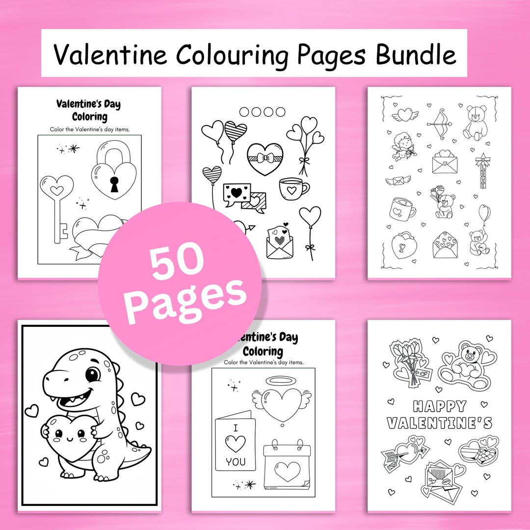 Valentine Coloring Pages Bundle for Kids, 50 Printable Valentine’s Day ...