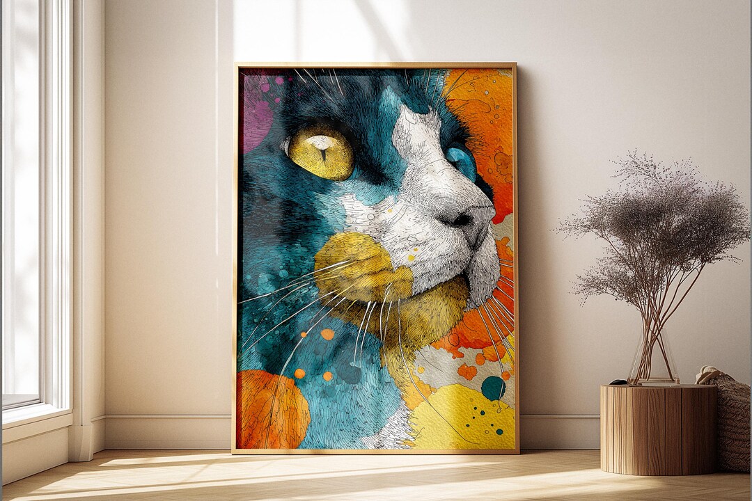 Colorful Cat Portrait Printable | Modern Watercolor Animal Wall Decor ...