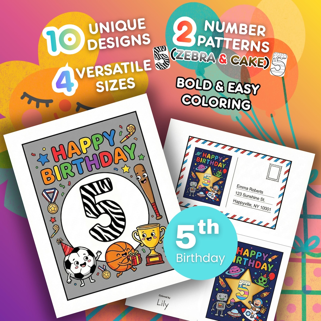 5th Birthday Card Birthday Coloring Card Postcard Digital Greeting Card ...