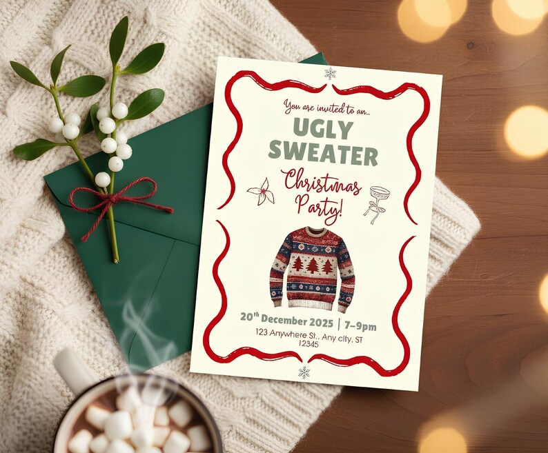 Editable Ugly Sweater Christmas Party Invitation Template (canva ...
