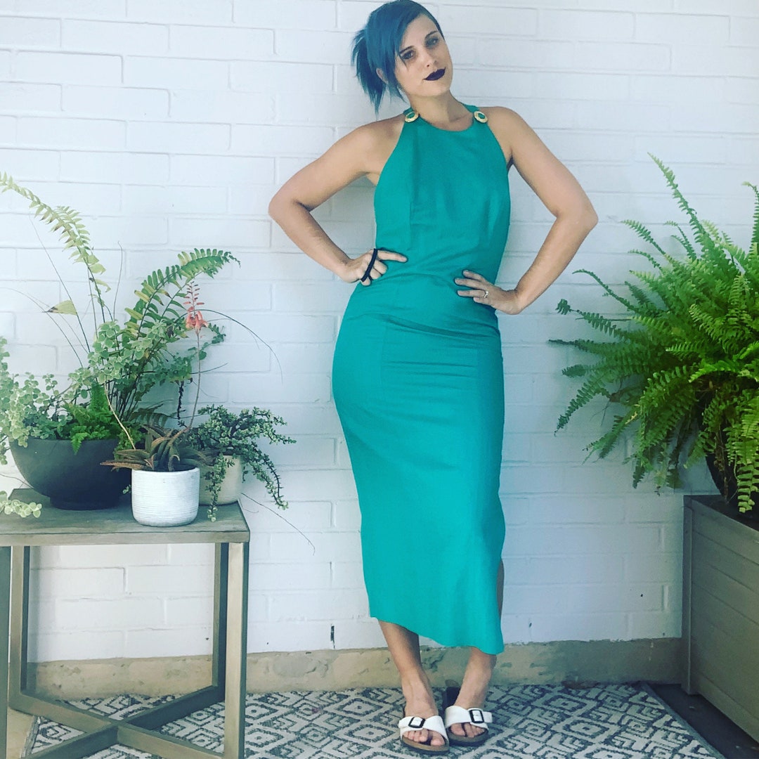 Vintage 90s Linen Sheath Dress / Teal Green / Open Back Halter Midi ...