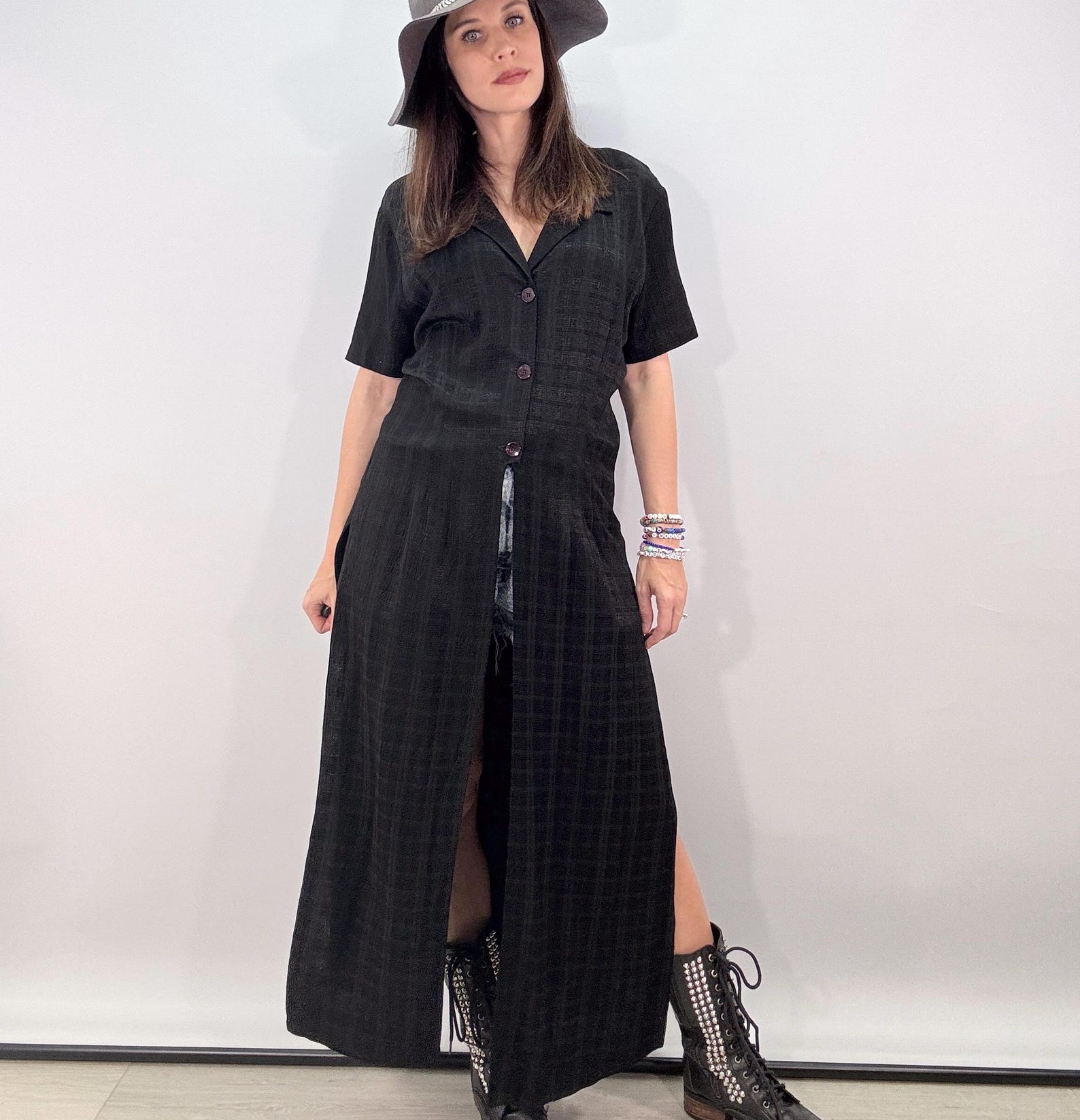 90s Goth Grunge Rayon Duster Blouse - Vintage Black Maxi Dress - Etsy