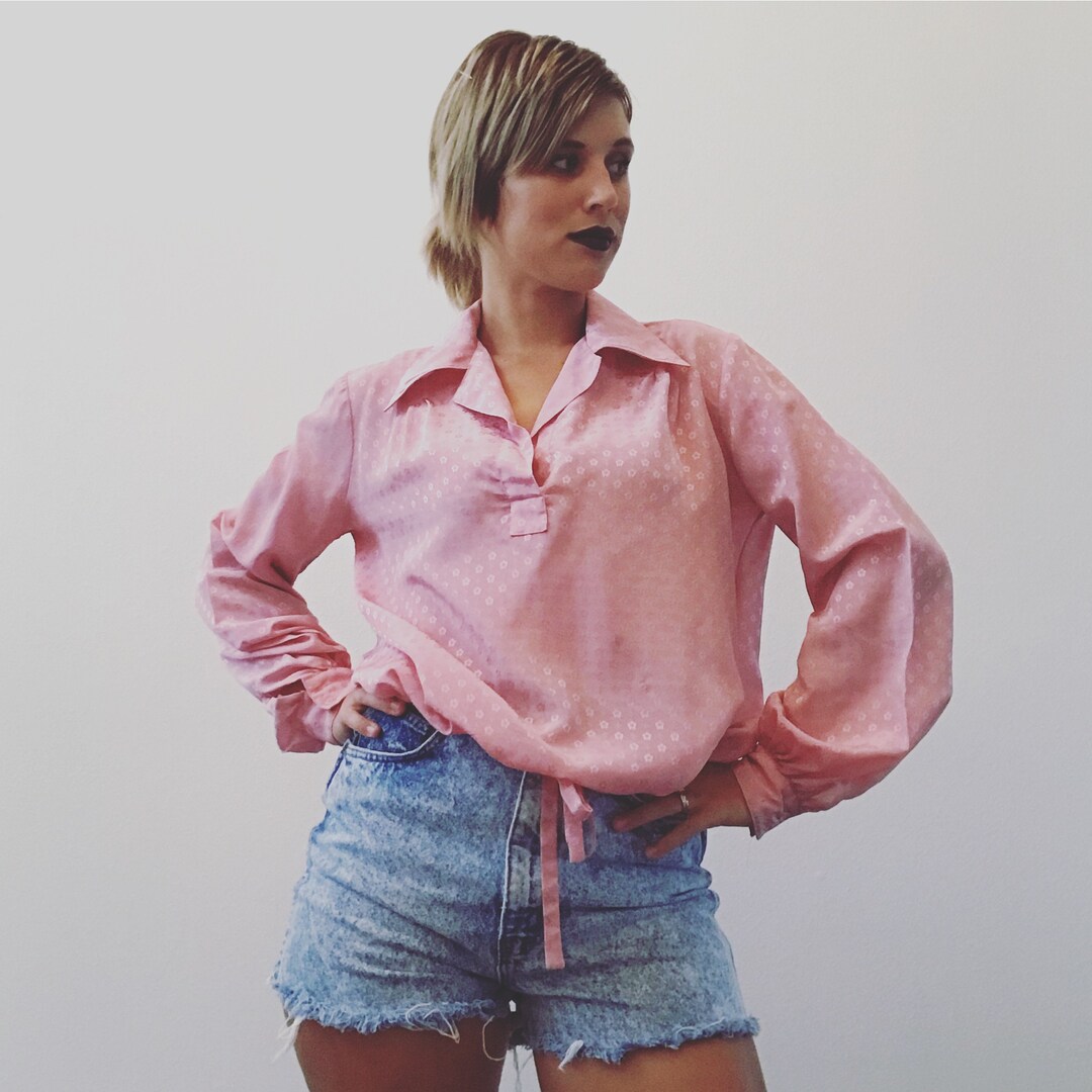 80s Pastel Pink Peasant Sleeve Blouse: Silky Floral Top - Etsy