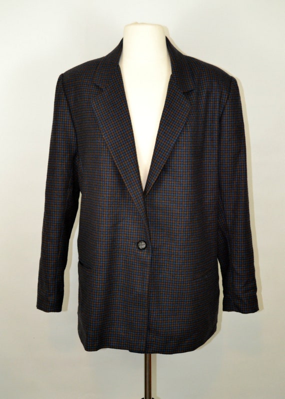 1970s Blue and Brown Checkered Blazer/Jacket by Petit… - Gem