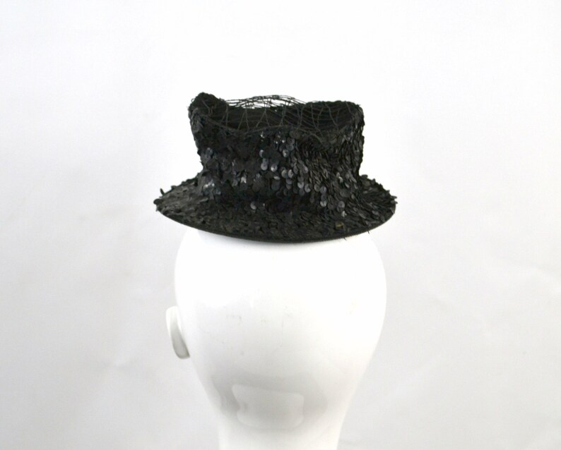 Vintage Black Sequin and Netted Mini Top Hat by Evelynvaron Model - Etsy