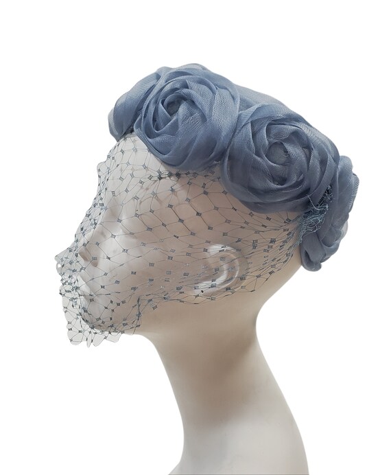1960s Cornflower Blue Stylized Flower Fascinator Hat … - Gem