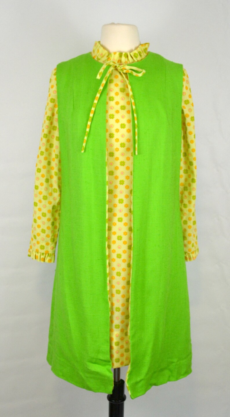 1970s Green Flowered Mini Dress and Duster Vest Set by E'n - Etsy