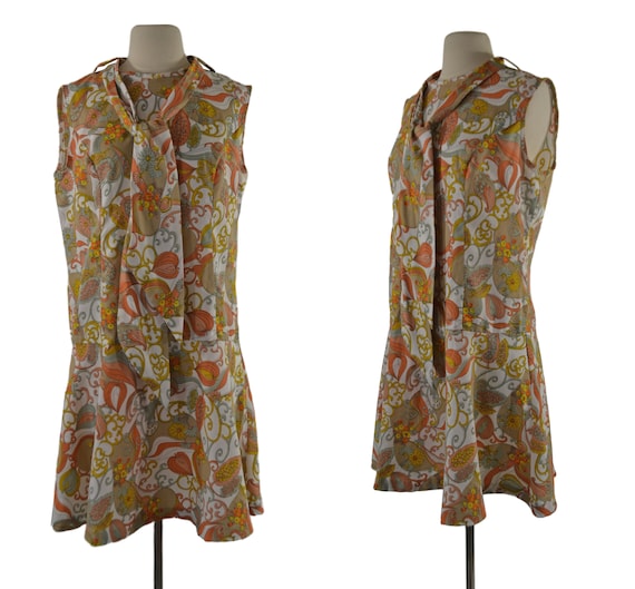 1960s MOD Floral Print Drop Waist Sleeveless Dress - Gem