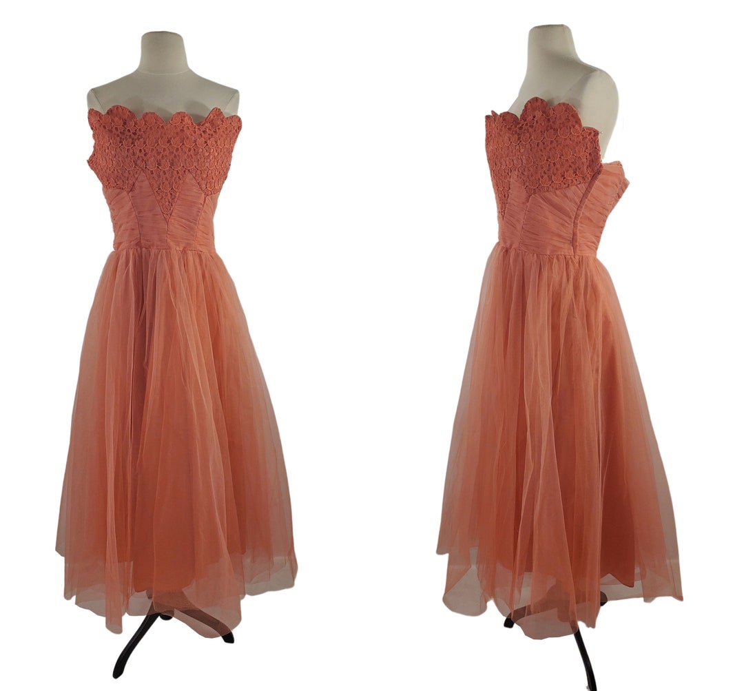1950s/1960s Burnt Orange Tulle and Lace Strapless Dress - Etsy