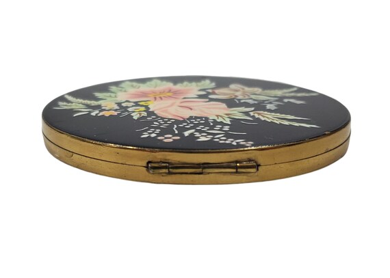 1960s Black Enamel Floral Makeup Powder Compact by El… - Gem