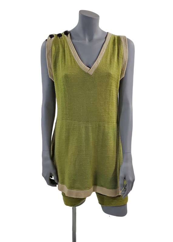 1920s Green and Cream Wool Swimsuit, Monogrammed Wool… - Gem