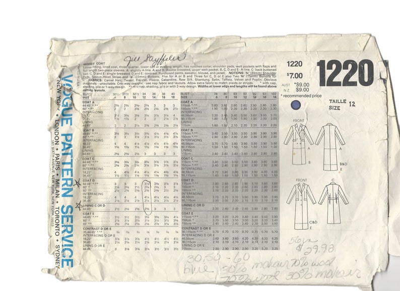 Vintage Vogue Basic Design Sewing Pattern 1220 Misses Coats - Etsy