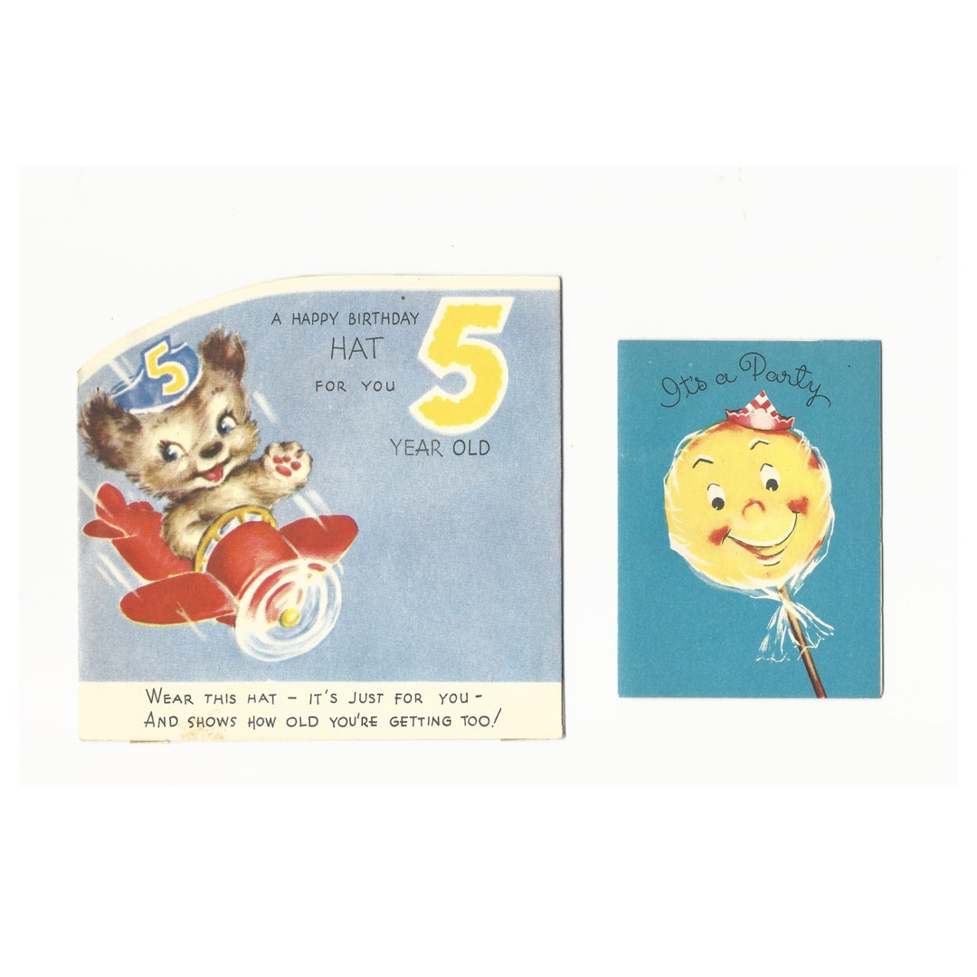 1940s Happy Birthday Card and Party Invitation, 5 Years Fold Out Hat ...