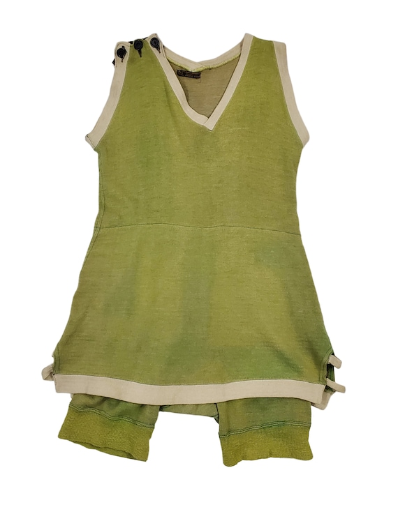 1920s Green and Cream Wool Swimsuit, Monogrammed Wool… - Gem