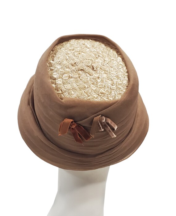Vintage Natural Straw Raffia Basket Hat with Brown Ba… - Gem