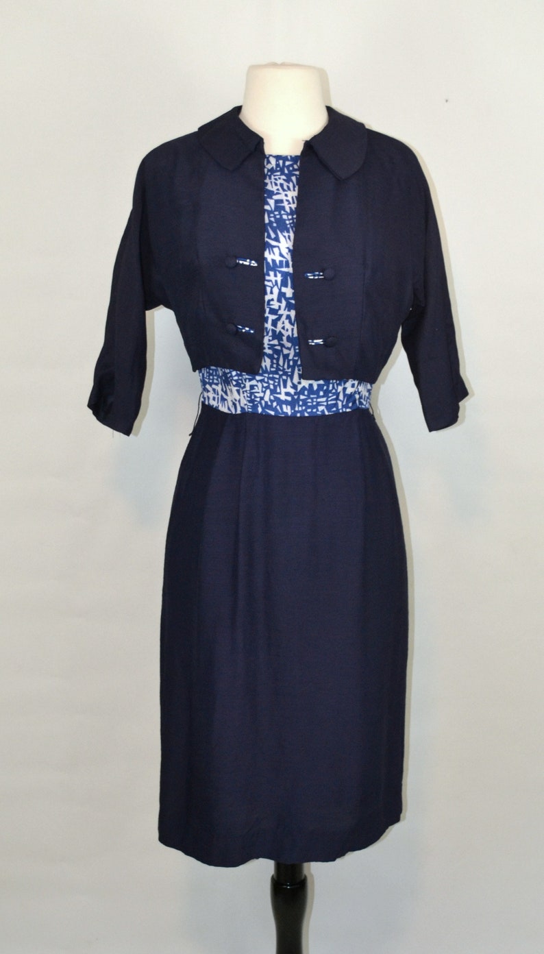 1950s/1960s Classic Blue Geometric Print Blouse Sheath Dress and ...