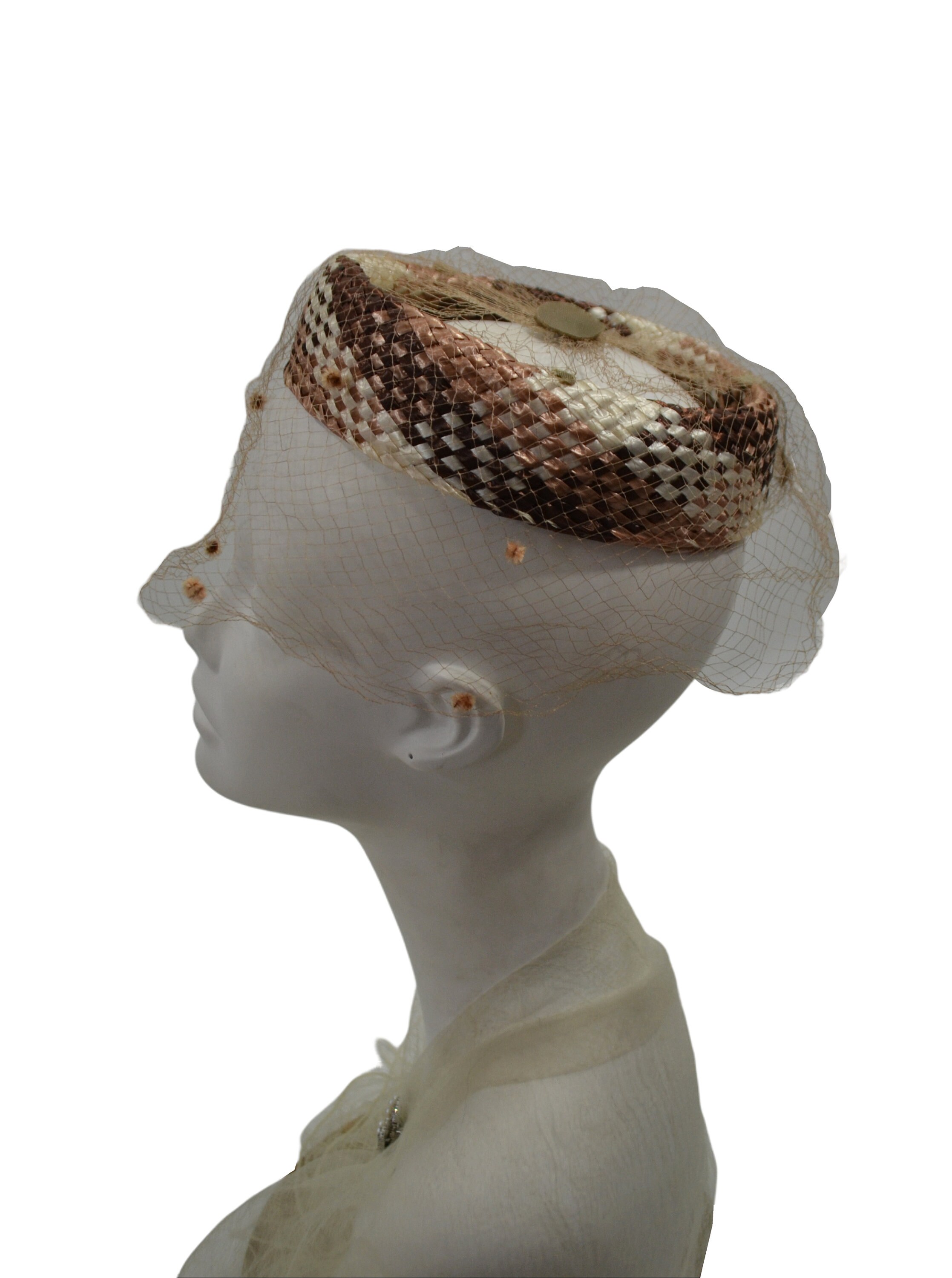 1960s Tri-colored Raffia Fascinator/birdcage Halo Veiled Hat, Brown ...