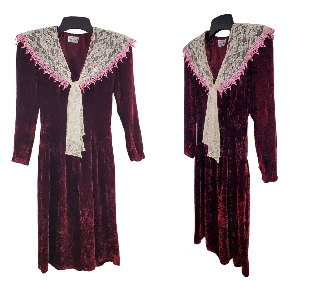 1980s Cranberry Red Velvet and Cream Lace Collar Dress by Patty O'neil ...