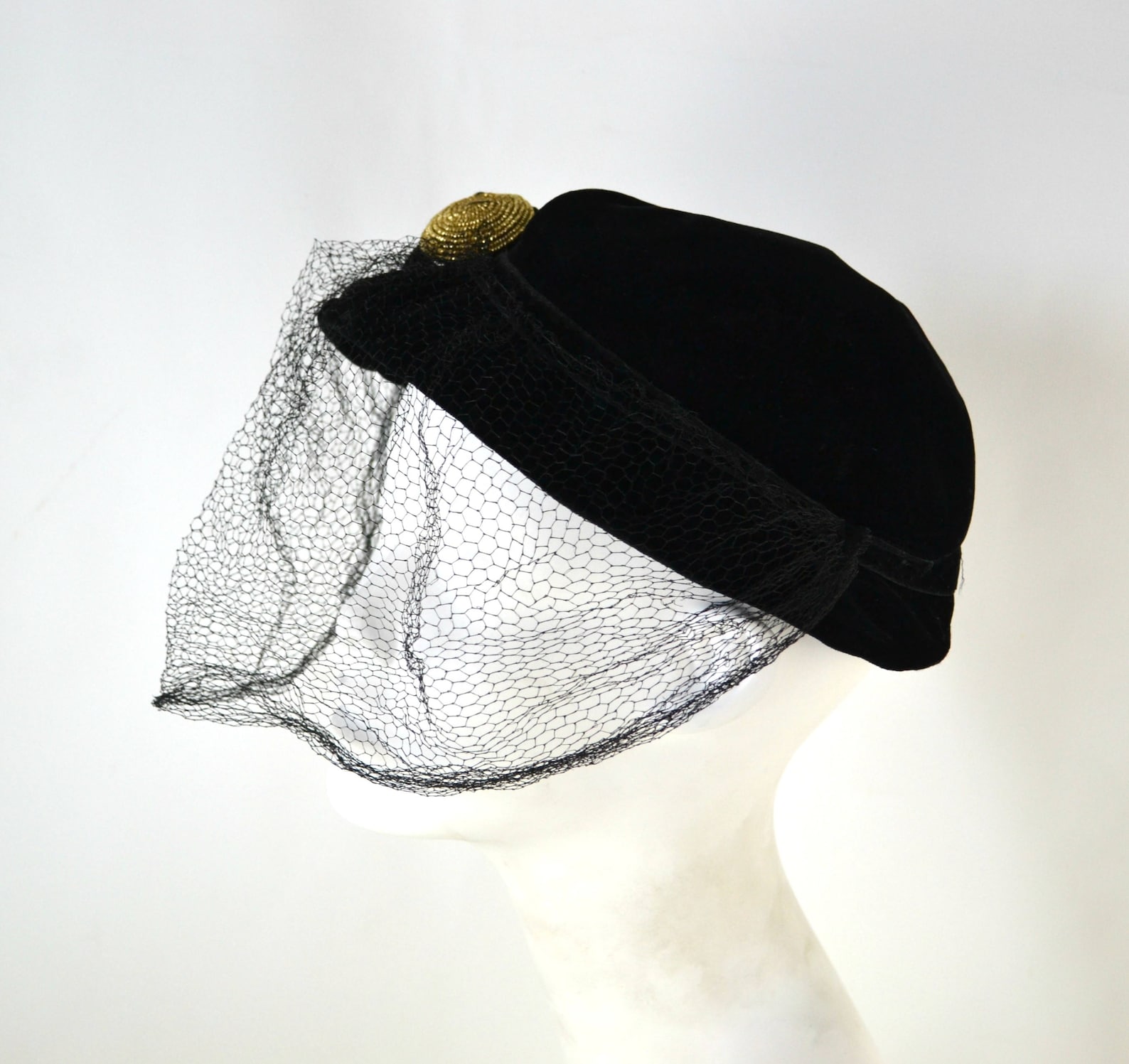 1950s Black Velvet Capulet, Full Face Veil, 2 Gold Lame Braided Round ...