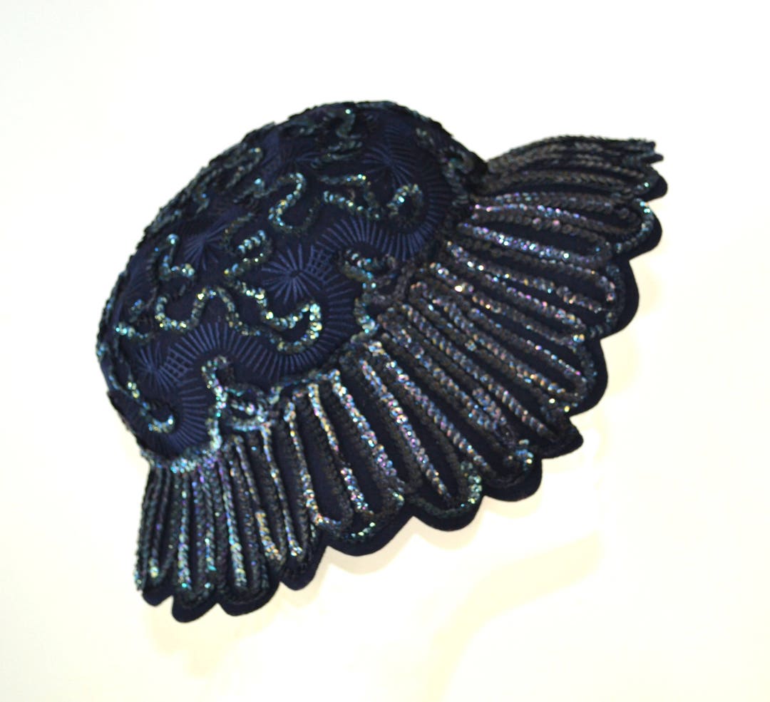 Vintage Dark Blue Felted Wool Sequin Scalloped Bucket Hat by Glenover ...