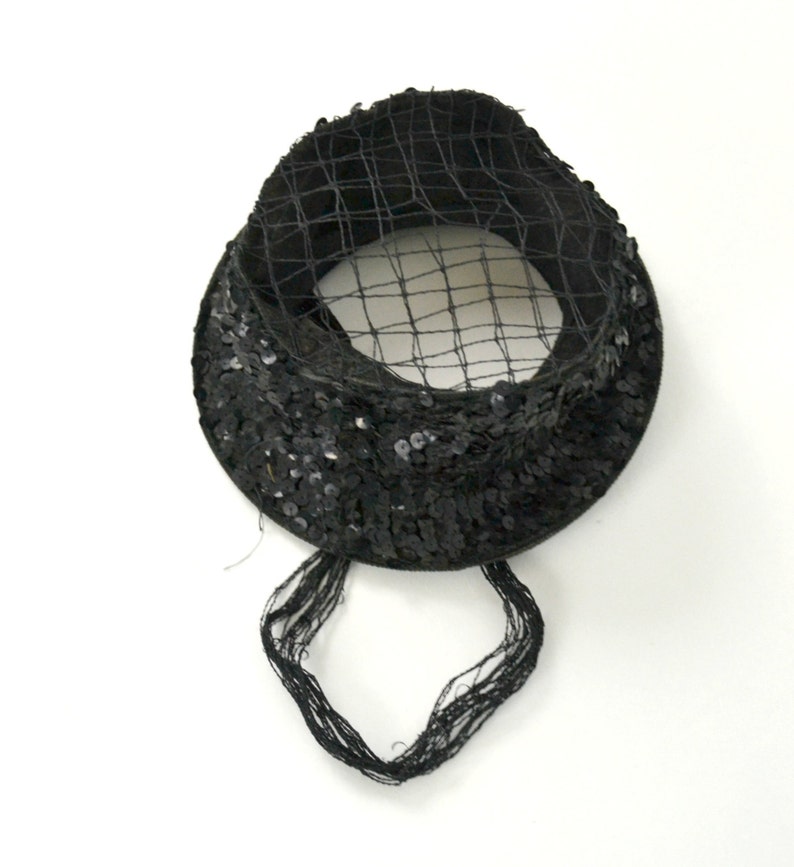 Vintage Black Sequin and Netted Mini Top Hat by Evelynvaron Model - Etsy