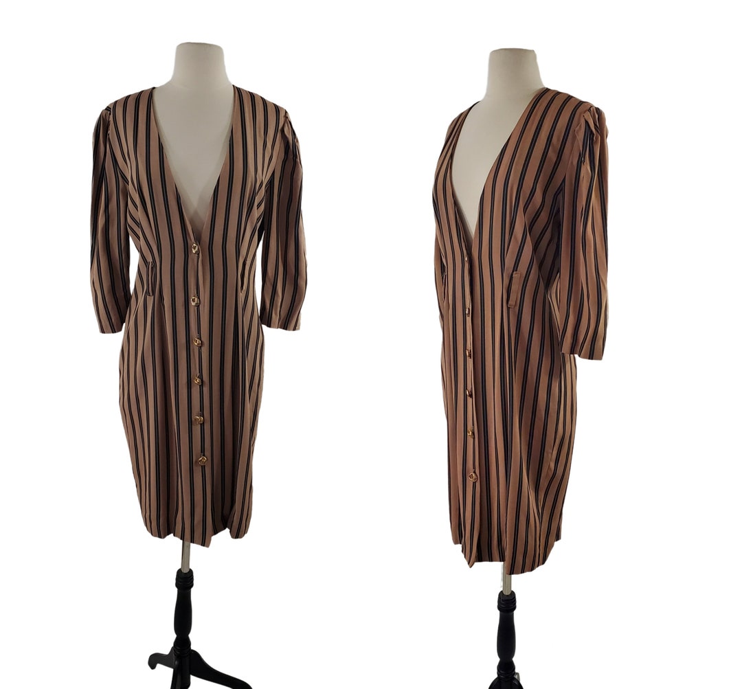 1980s Tan and Black Stripe Shift Dress by Whirlaway Frocks - Etsy