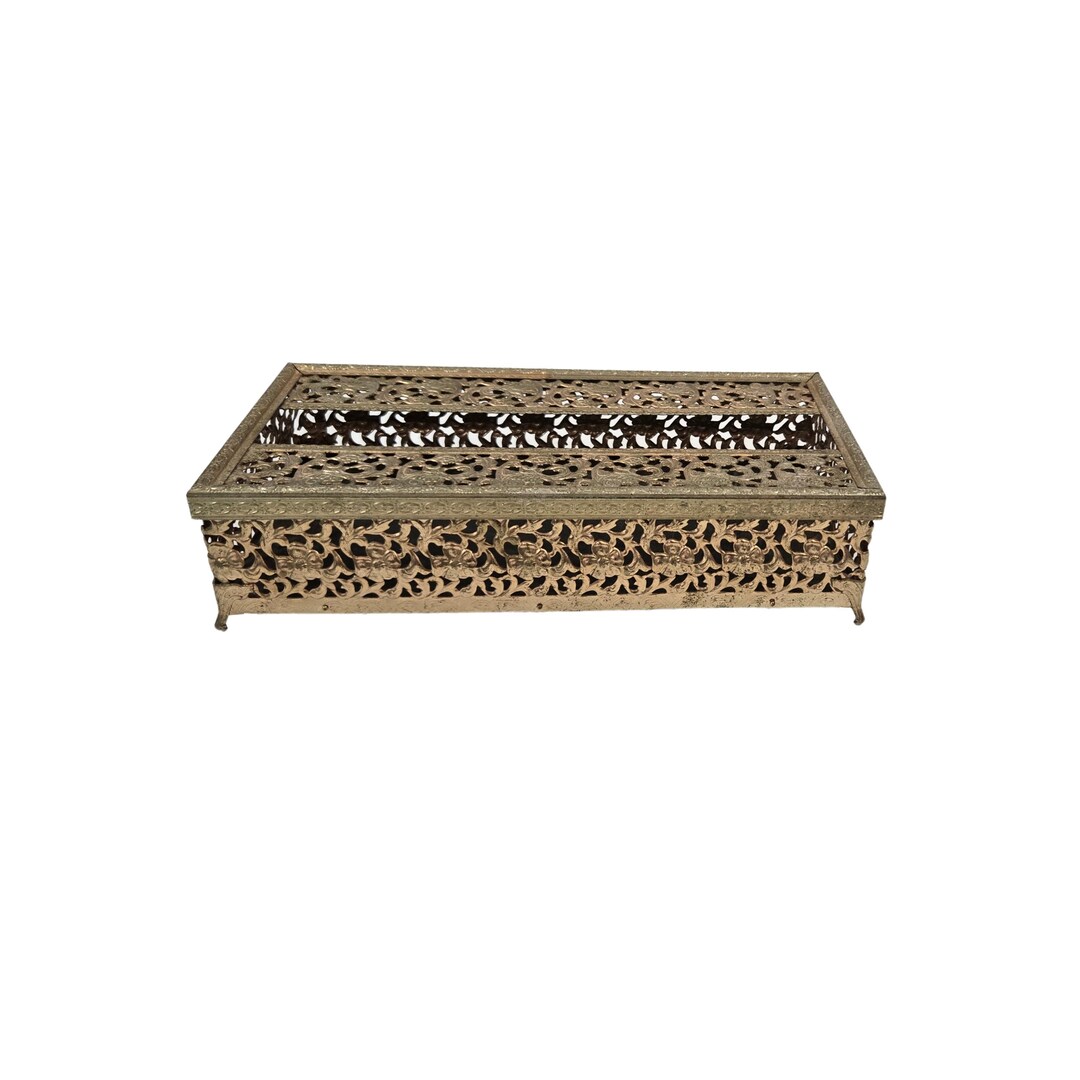 1970s Gold Tone Stylized Flower and Leaves Metal Rectangle Tissue Box ...