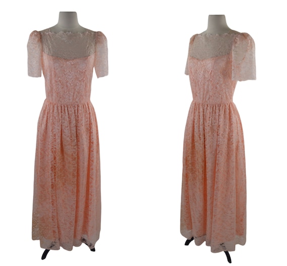 1970s Peach Lace Overlay Formal Dress, Alternative We… - Gem