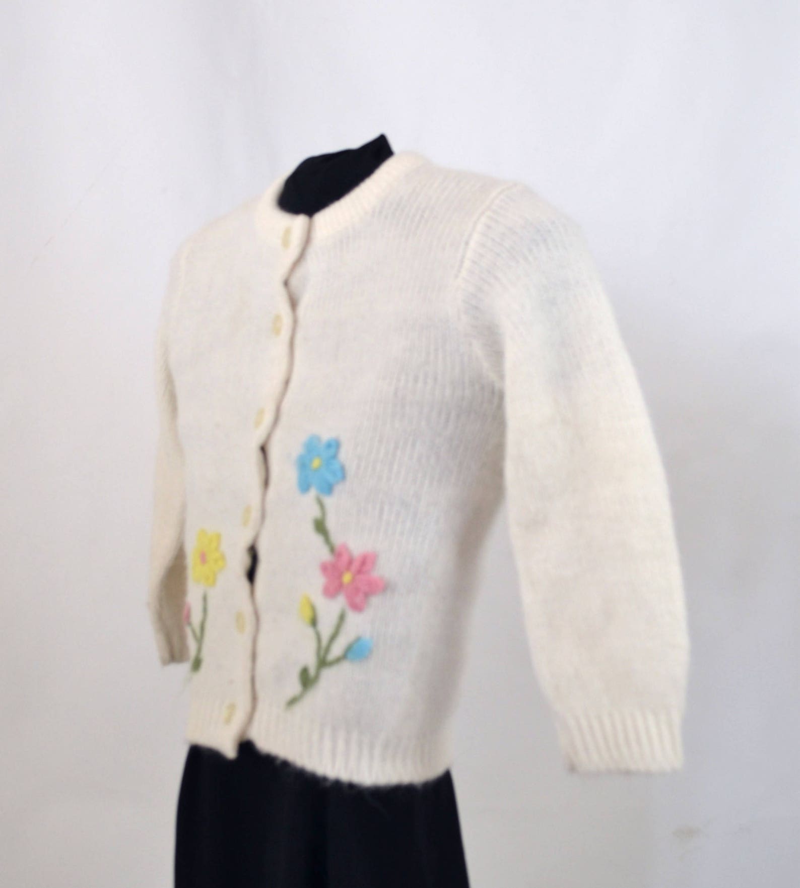 1960s Girls White Cardigan Sweater, Pink, Blue and Yellow Embroidered ...