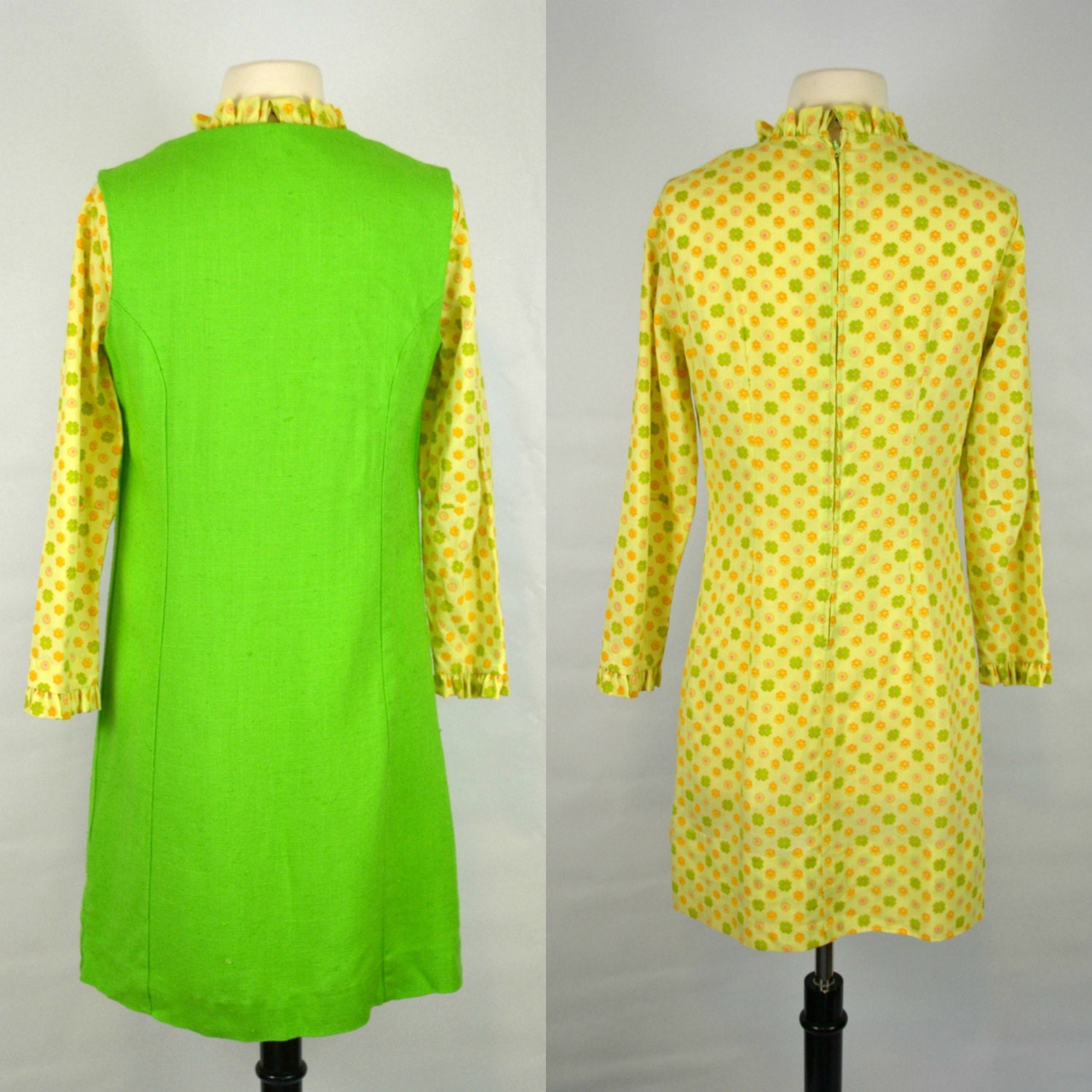 1970s Green Flowered Mini Dress and Duster Vest Set by E'n | Etsy