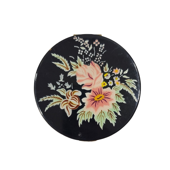1960s Black Enamel Floral Makeup Powder Compact by El… - Gem