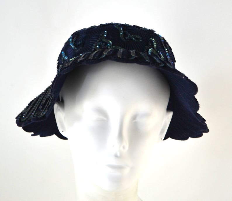 Vintage Dark Blue Felted Wool Sequin Scalloped Bucket Hat by Glenover ...