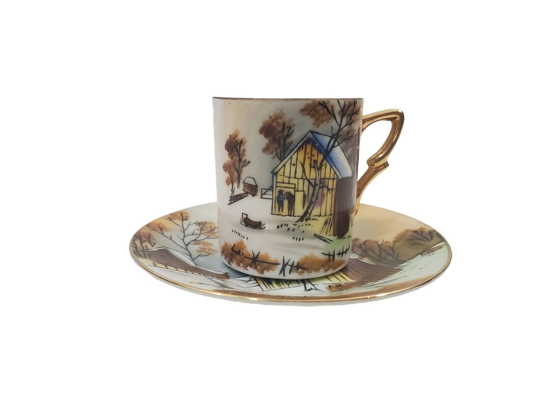 1950s Hand Painted Winter Farm Scene Demitasse Teacup and Saucer by ...