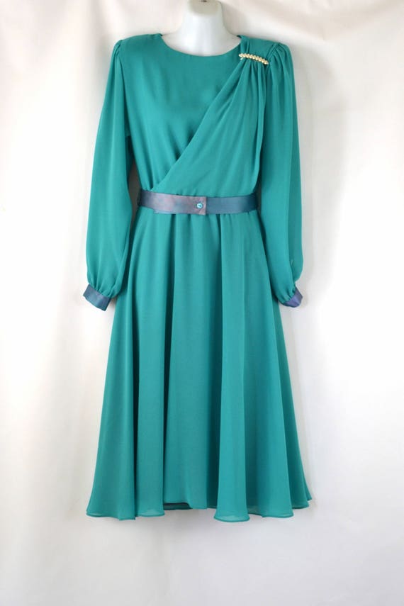 1970s Teal Sheer Poly Chiffon Dress by Ursula of Swit… - Gem