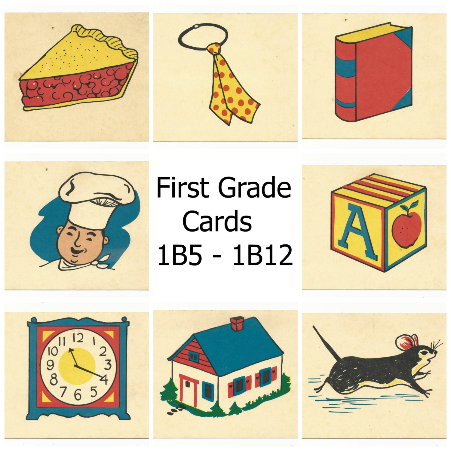 Vintage First Grade Rhyming Illustrated Flash Cards Ephemera | Etsy