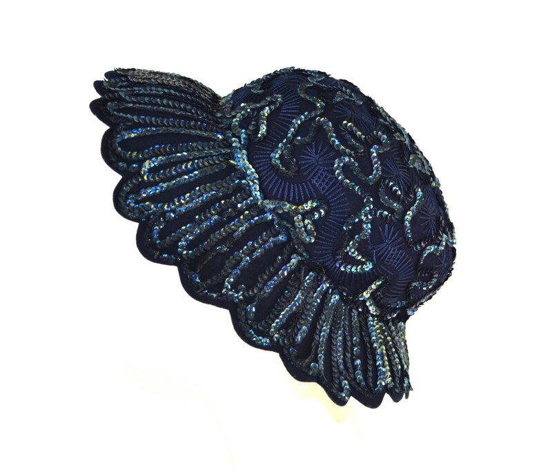 Vintage Dark Blue Felted Wool Sequin Scalloped Bucket Hat by Glenover ...