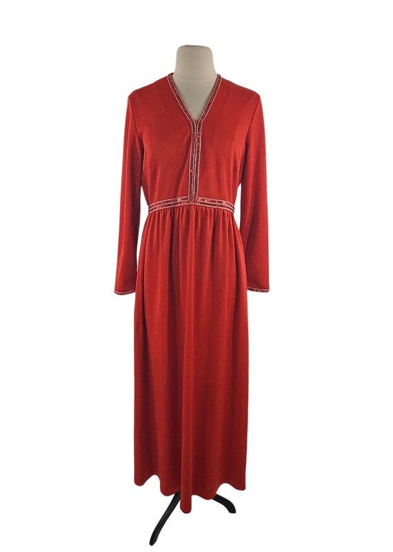 1970s Red Deep V Maxi Dress by R and K Knits - Gem