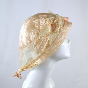 Antique Victorian Peach Silk Boudoir Cap, Handmade Lace Coif Roses ...