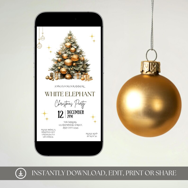 Editable White Elephant Christmas Invitation Template, Christmas Gift ...