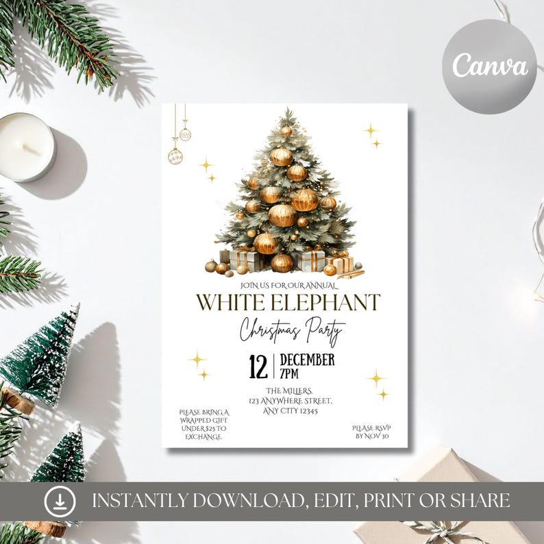 Editable White Elephant Christmas Invitation Template, Christmas Gift ...