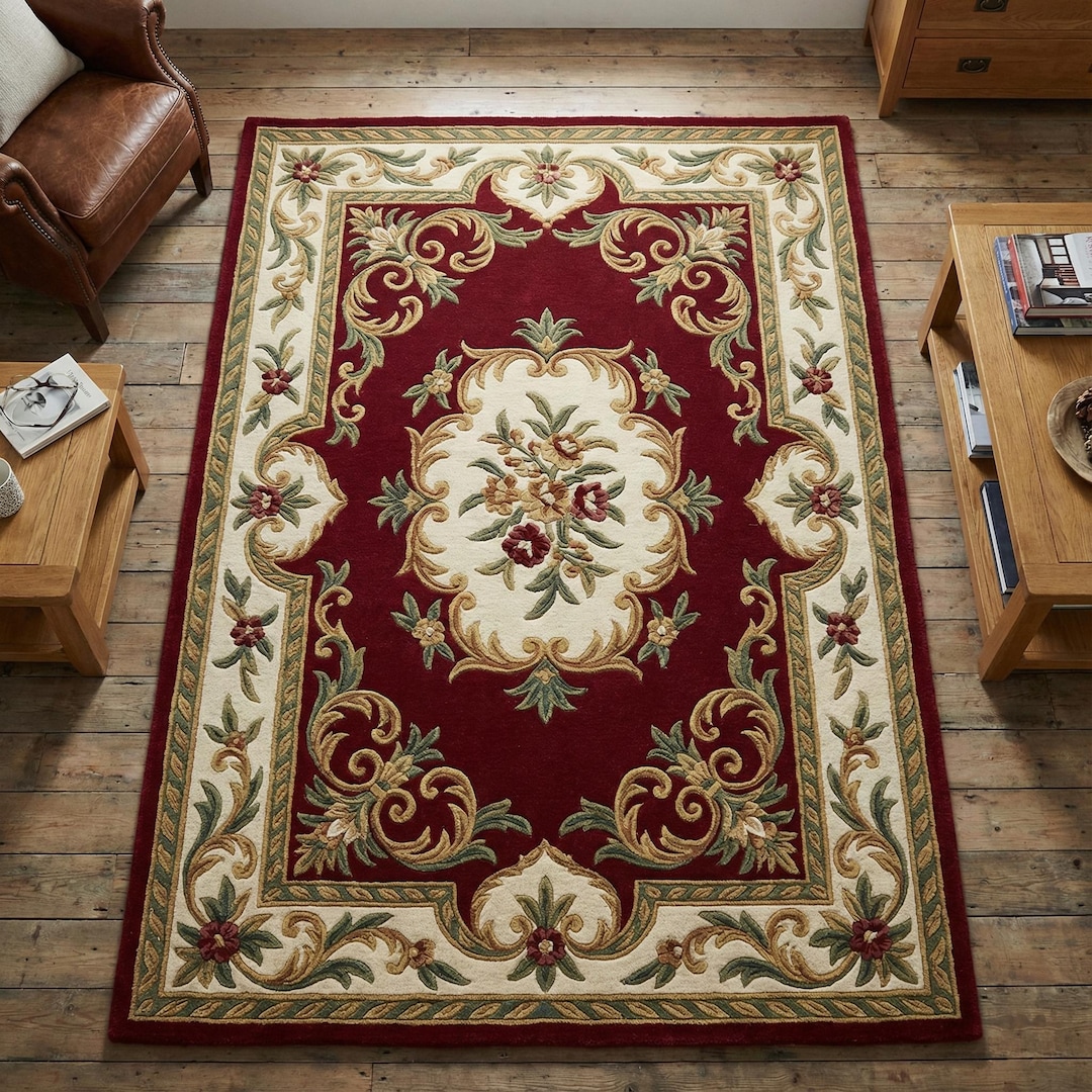 Deep Red Floral Wool Rug, Traditional Medallion Hand Tufted Custom Area ...