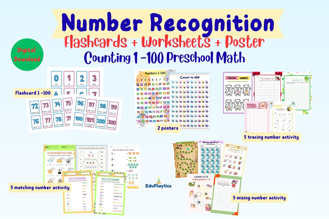Number Recognition Flashcards 1-100, Worksheets, Poster, Kindergarten ...