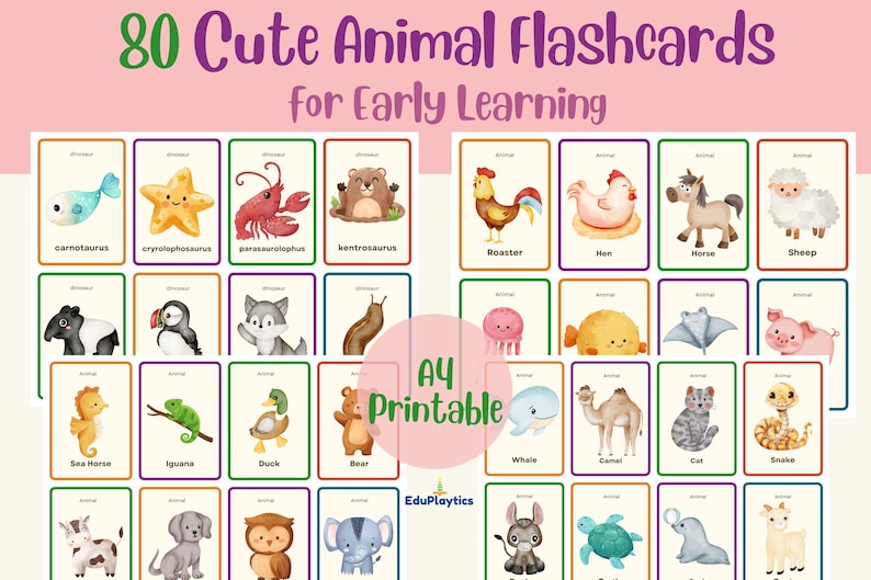 80 tarjetas didácticas de animales/ Preescolar, niños pequeños, jardín ...