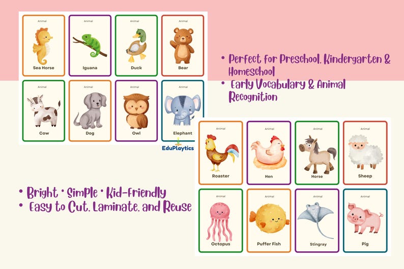80 tarjetas didácticas de animales/ Preescolar, niños pequeños, jardín ...