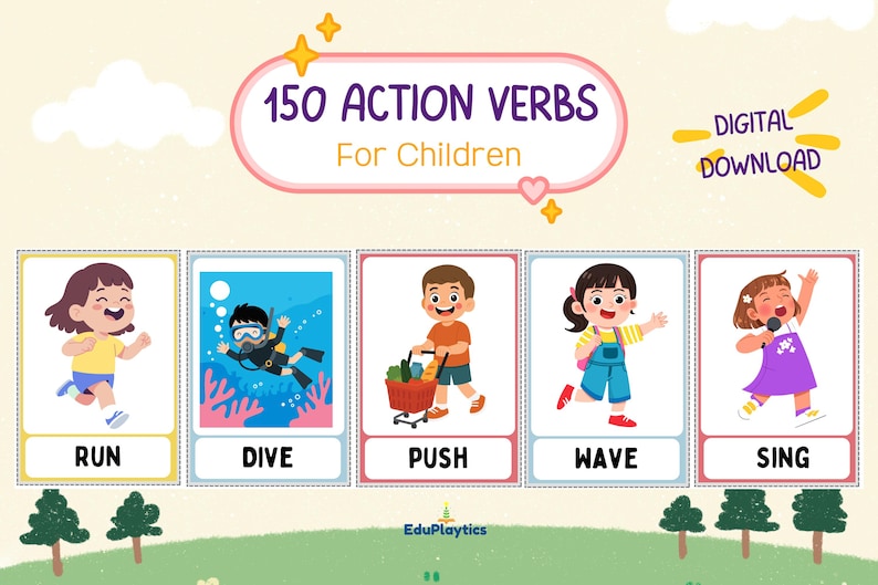 150 Printable Action Verbs Flashcards| ESL for Kids| Fun Learning Cards for Preschool and Early ...